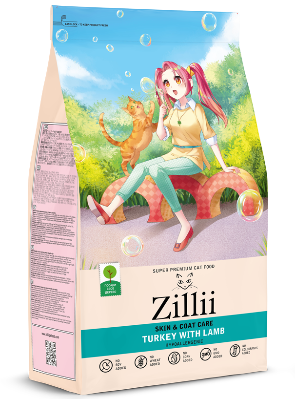 Корм ZILLII для взрослых кошек. поддержка здоровья кожи и шерсти индейка с ягненком